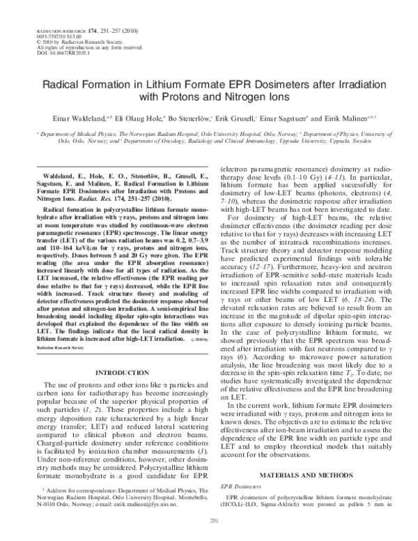 (PDF) Radical Formation in Lithium Formate EPR Dosimeters after ...
