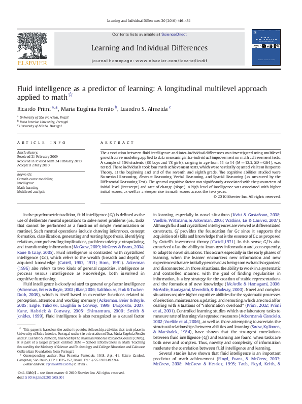 (PDF) Fluid intelligence as a predictor of learning: A longitudinal ...