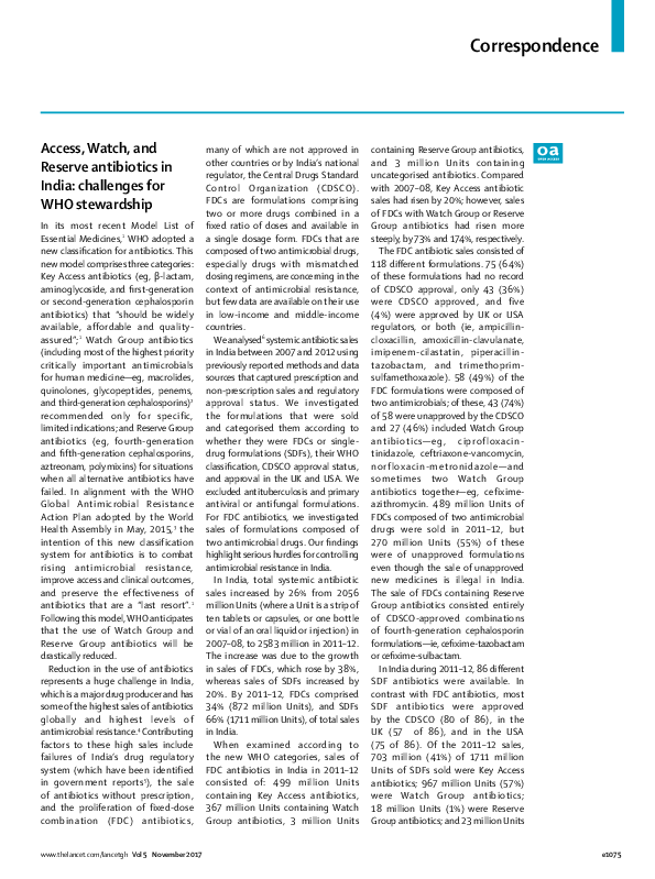 (PDF) Access, Watch, and Reserve antibiotics in India: challenges for ...
