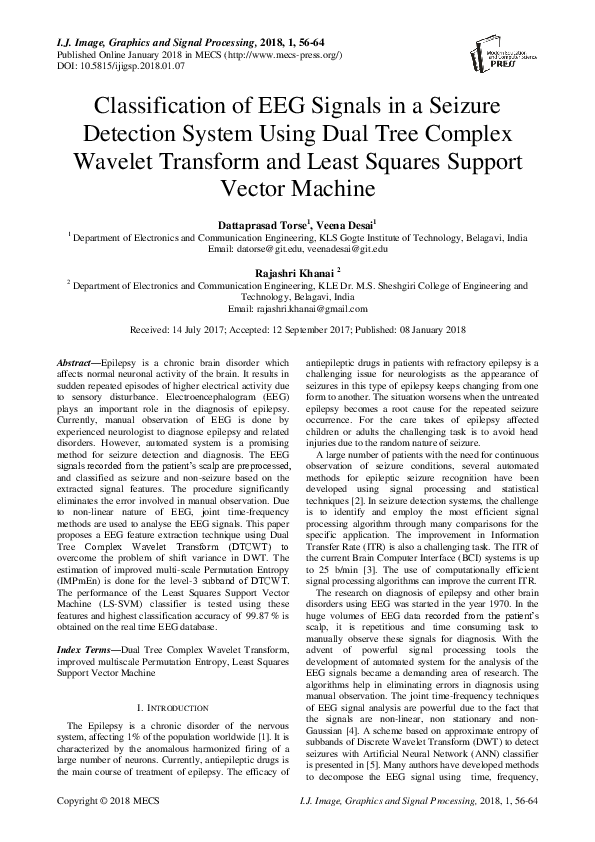 Pdf Classification Of Eeg Signals In A Seizure Detection System Using Dual Tree Complex