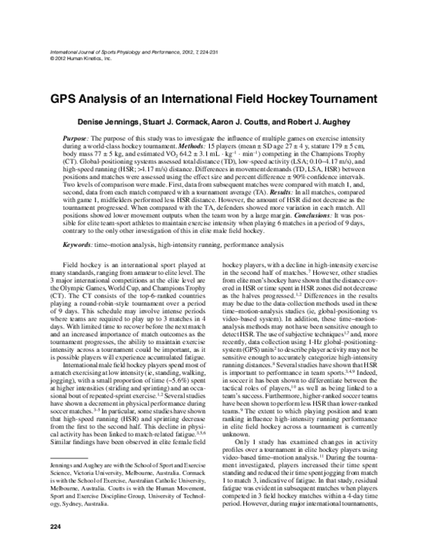(PDF) GPS analysis of an international field hockey tournament