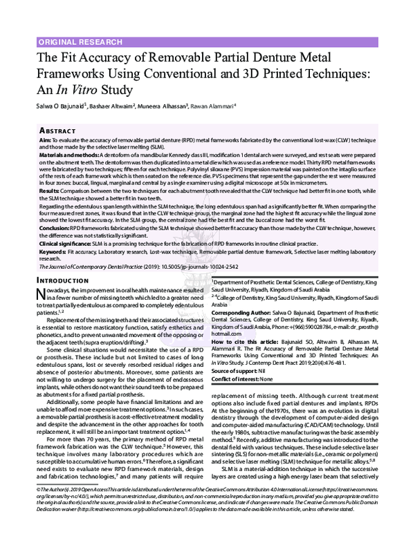 (PDF) The Fit Accuracy of Removable Partial Denture Metal Frameworks ...