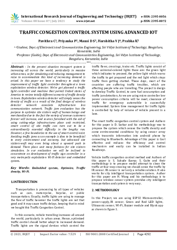 Pdf Irjet Traffic Congestion Control System Using Advanced Iot