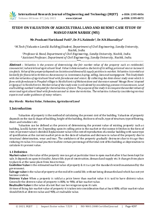 (PDF) IRJET- STUDY ON VALUATION OF AGRICULTURAL LAND AND RESORT-CASE ...