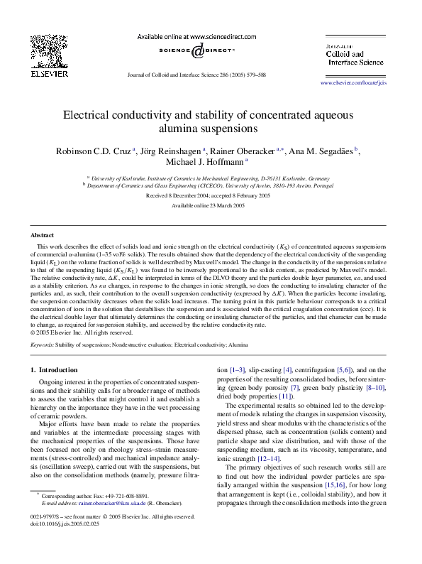 (PDF) Electrical conductivity and stability of concentrated aqueous alumina suspensions | Ana ...
