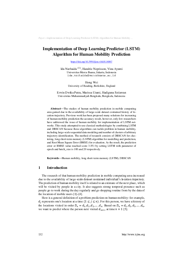 Pdf Implementation Of Deep Learning Predictor Lstm Algorithm For Human Mobility Prediction