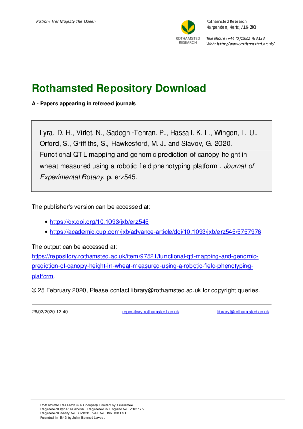 Pdf Functional Qtl Mapping And Genomic Prediction Of Canopy Height In Wheat Measured Using A