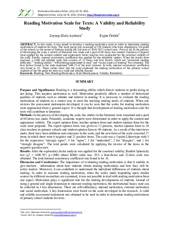 (PDF) Reading Motivation Scale for Texts: A Validity and Reliability Study