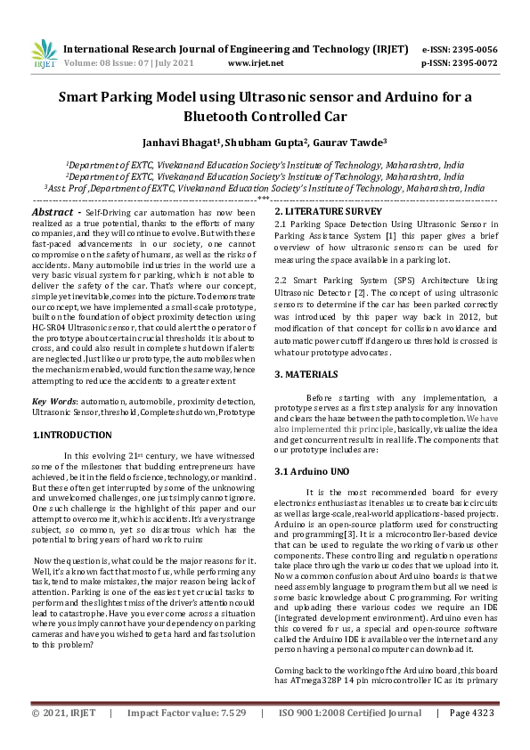 (PDF) IRJET- Smart Parking Model using Ultrasonic sensor and Arduino ...