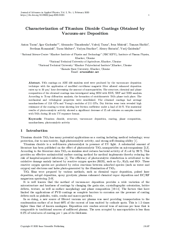 (PDF) Characterization of Titanium Dioxide Coatings Obtained by Vacuum ...
