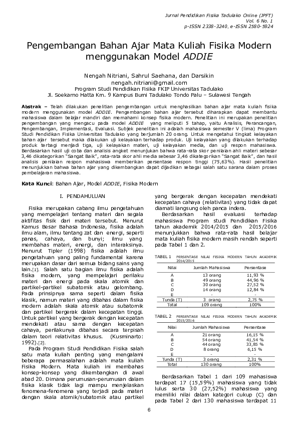 (PDF) Pengembangan Bahan Ajar Mata Kuliah Fisika Modern menggunakan Model ADDIE