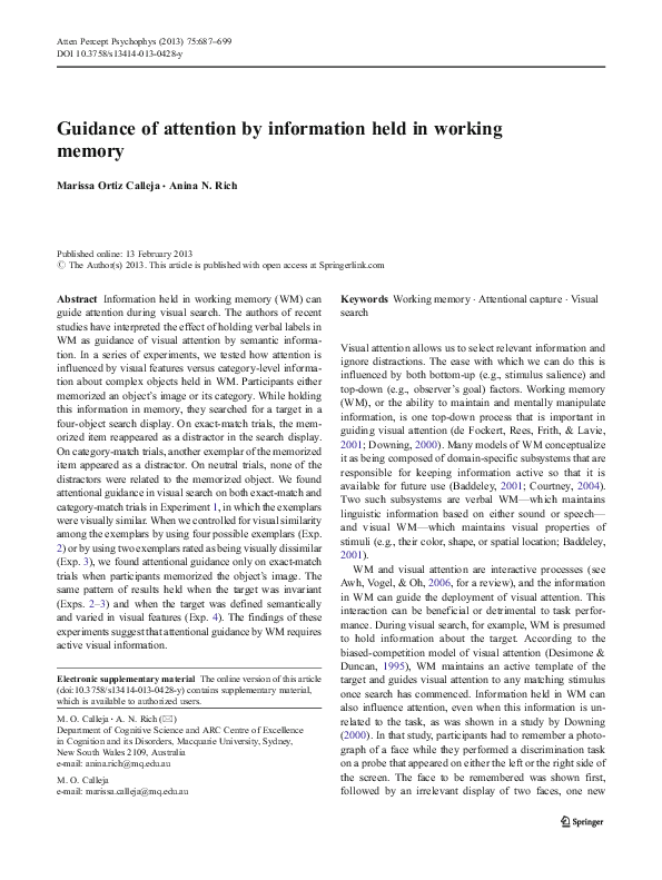 Pdf Guidance Of Attention By Information Held In Working Memory