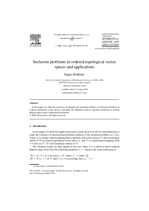 Pdf Inclusion Problems In Ordered Topological Spaces