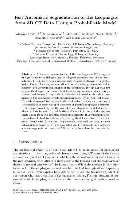 (PDF) Fast automatic segmentation of the esophagus from 3D CT data using a probabilistic model