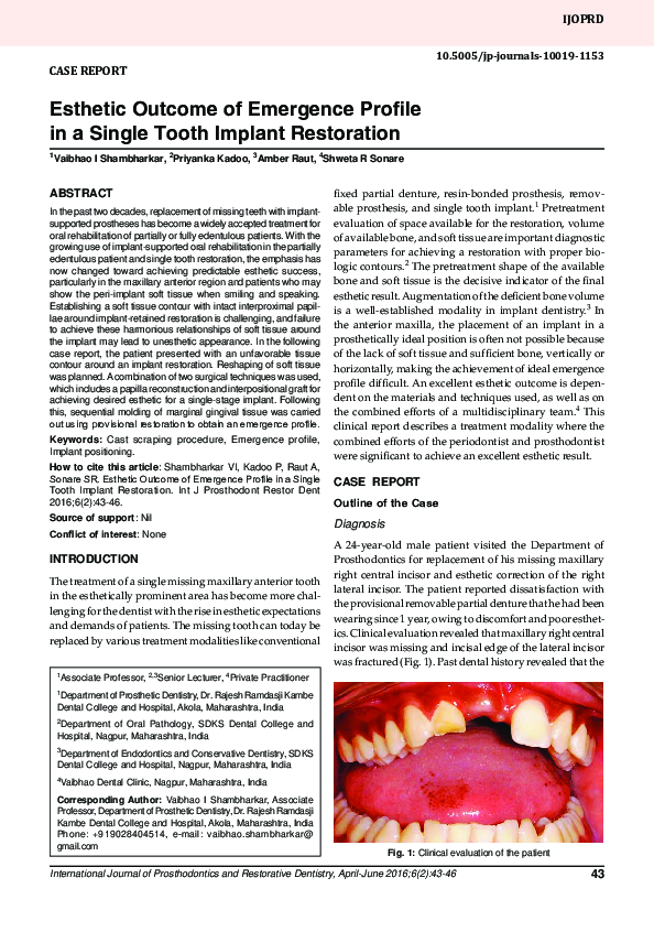 (PDF) Esthetic Outcome of Emergence Profile in a Single Tooth Implant ...