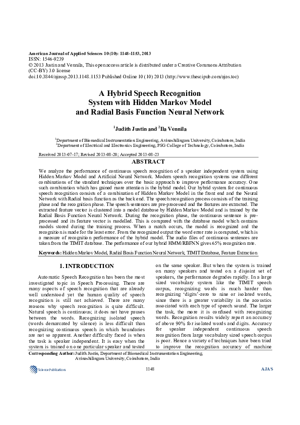 Pdf A Hybrid Speech Recognition System With Hidden Markov Model And Radial Basis Function