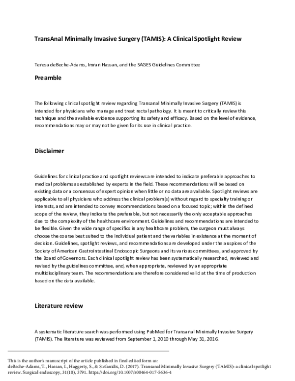 (PDF) Transanal Minimally Invasive Surgery (TAMIS): a clinical ...