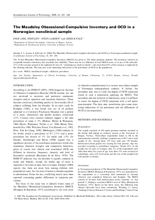 (PDF) The Maudsley Obsessional-Compulsive Inventory and OCD in a ...