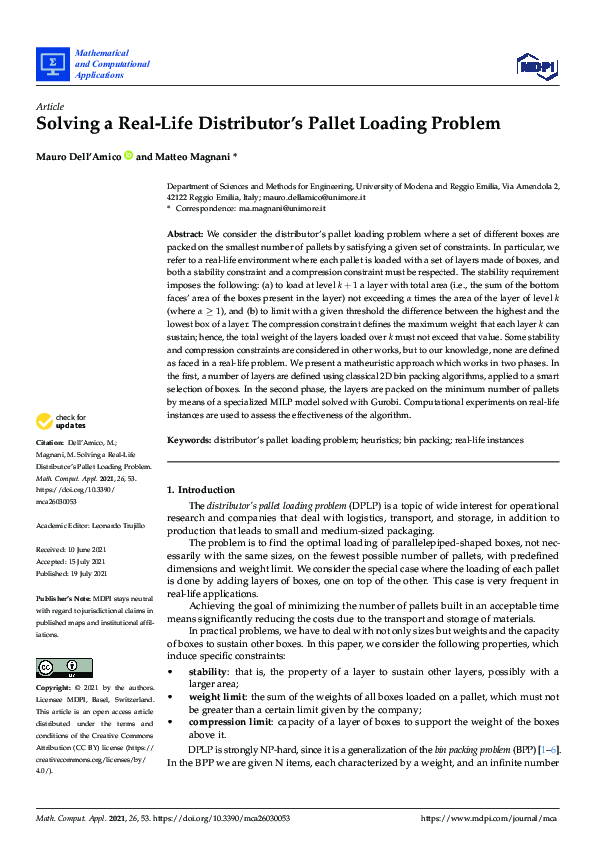 Pdf Solving A Real Life Distributor S Pallet Loading Problem