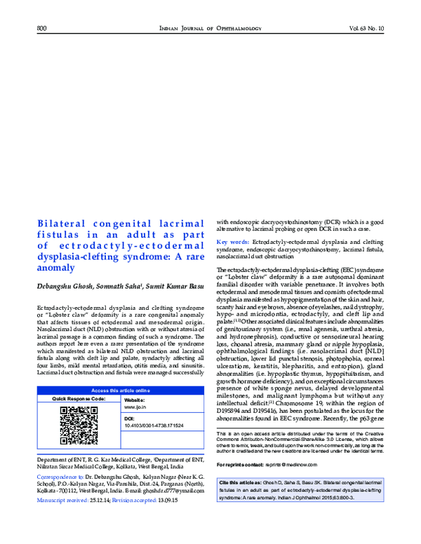 Pdf Bilateral Congenital Lacrimal Fistulas In An Adult As Part Of Ectrodactyly Ectodermal