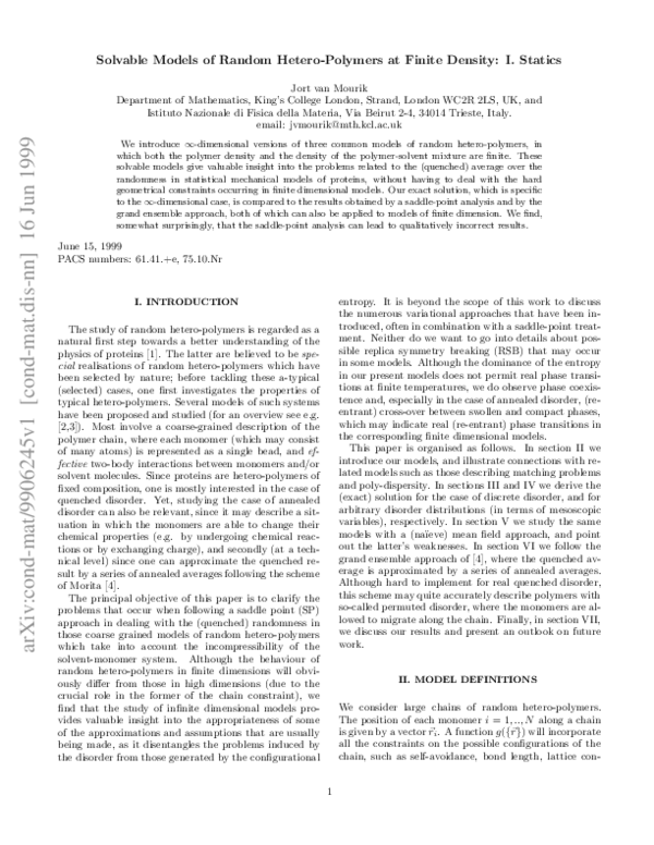 (PDF) Solvable lattice gas models of random hetero-polymers at finite ...