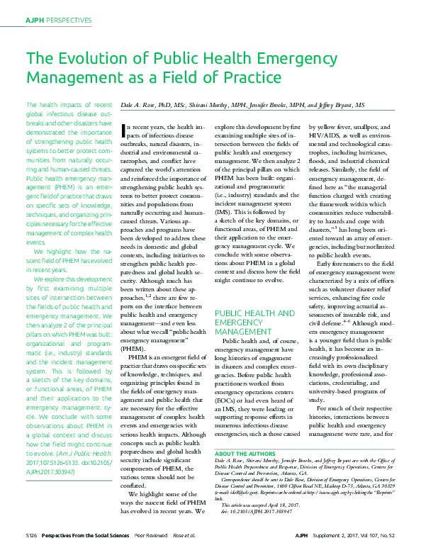 (PDF) The Evolution of Public Health Emergency Management as a Field of ...