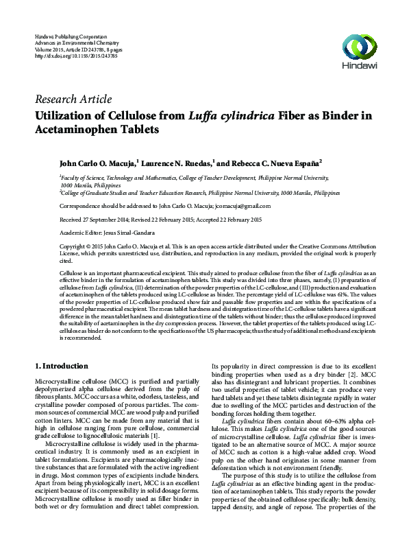 (PDF) Utilization of Cellulose from Luffa cylindrica Fiber as Binder in ...