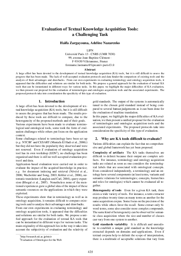 (PDF) Evaluation of textual knowledge acquisition tools: a challenging task