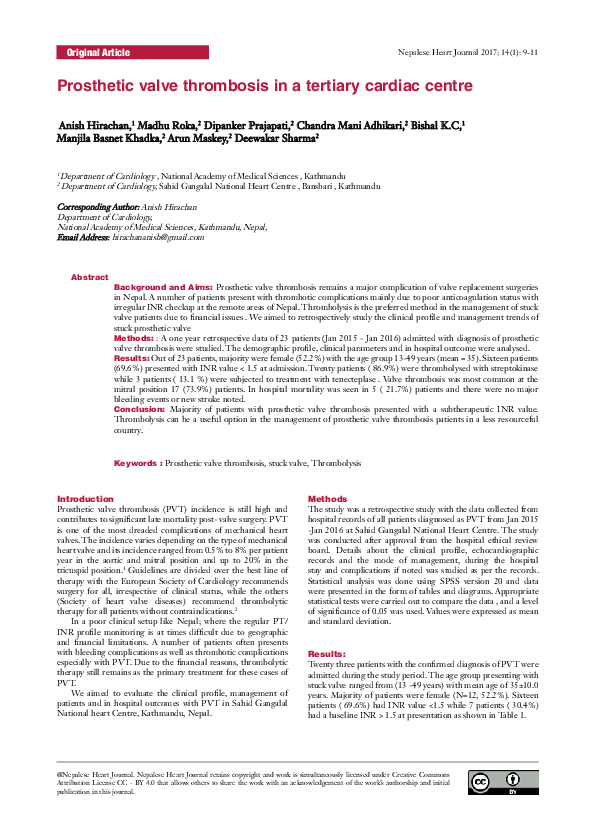 (PDF) Prosthetic valve thrombosis in a tertiary cardiac centre