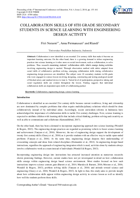 (PDF) Collaboration Skills of 8TH Grade Secondary Students in Science ...