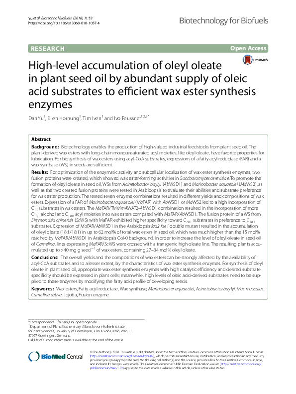 (PDF) High-level accumulation of oleyl oleate in plant seed oil by ...