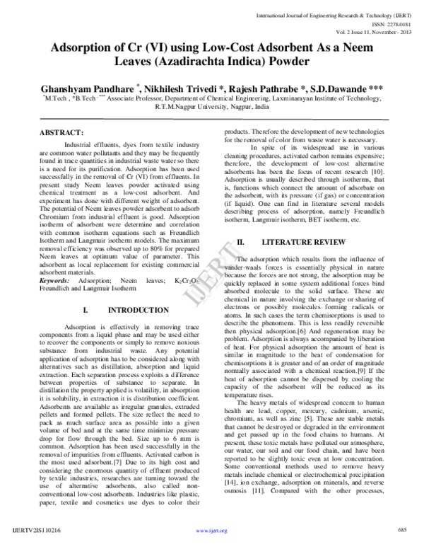 (PDF) Adsorption of Cr (VI) using Low-Cost Adsorbent As a Neem Leaves (Azadirachta Indica ...