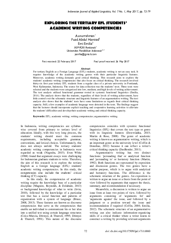 (PDF) Exploring the Tertiary Efl Students' Academic Writing Competencies