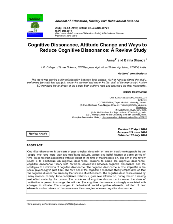 (PDF) Cognitive Dissonance, Attitude Change and Ways to Reduce ...