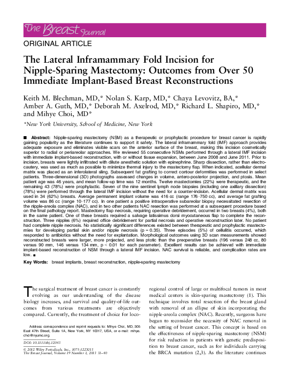 (PDF) The Lateral Inframammary Fold Incision for Nipple-Sparing ...