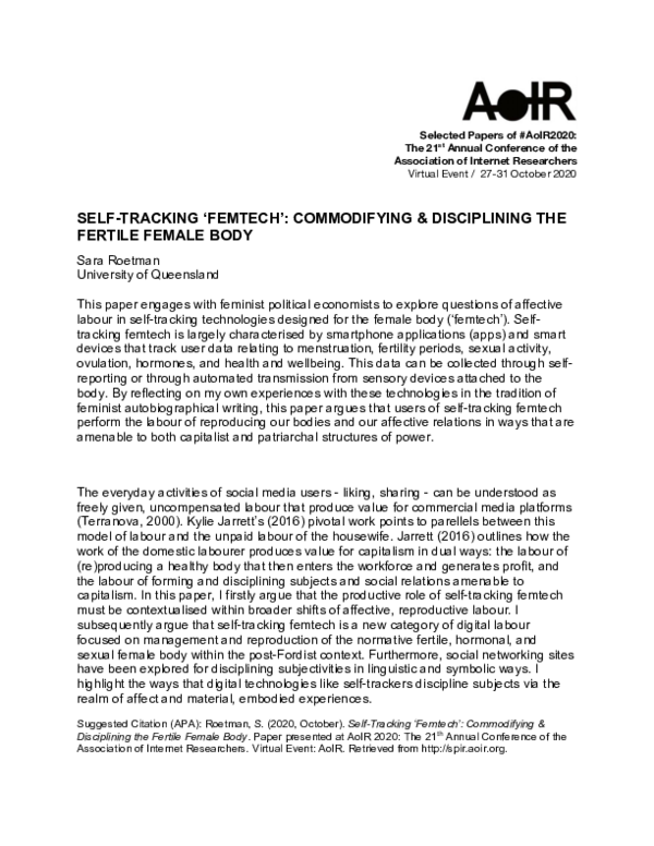 (PDF) Self-Tracking ‘Femtech’: Commodifying Disciplining the Fertile Female Body