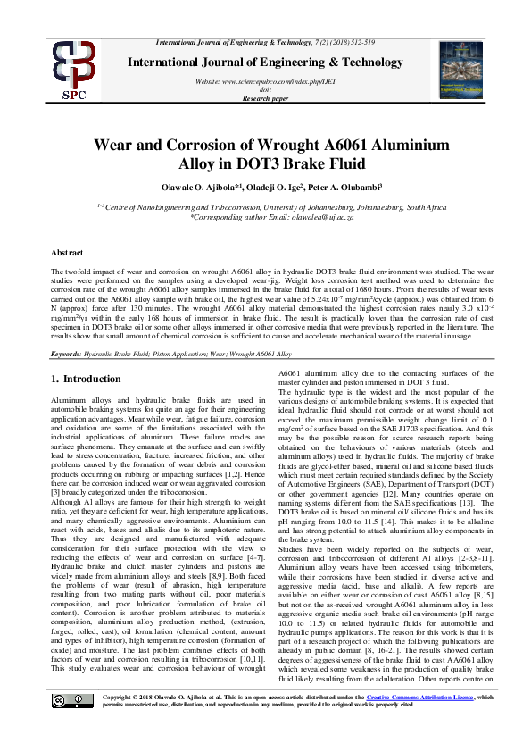 Pdf Wear And Corrosion Of Wrought A6061 Aluminium Alloy In Dot3 Brake