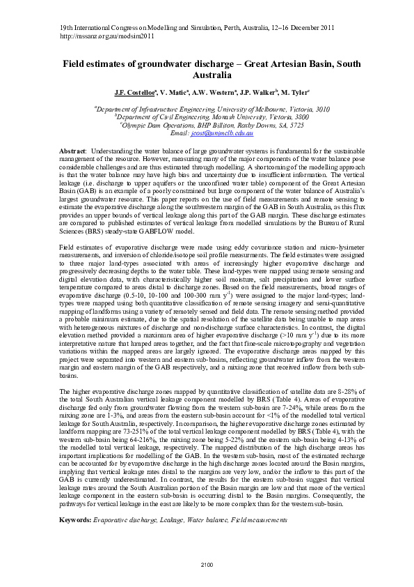 (PDF) Field estimates of groundwater discharge–Great Artesian Basin ...