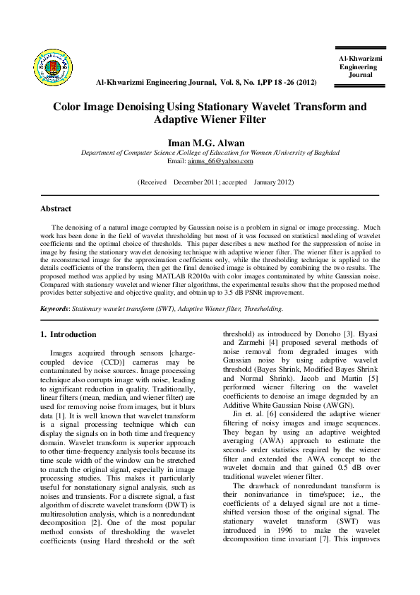 (PDF) Al-Khwarizmi Engineering Journal Color Image Denoising Using Stationary Wavelet Transform ...
