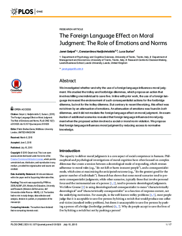 (PDF) The Foreign Language Effect on Moral Judgment: The Role of ...