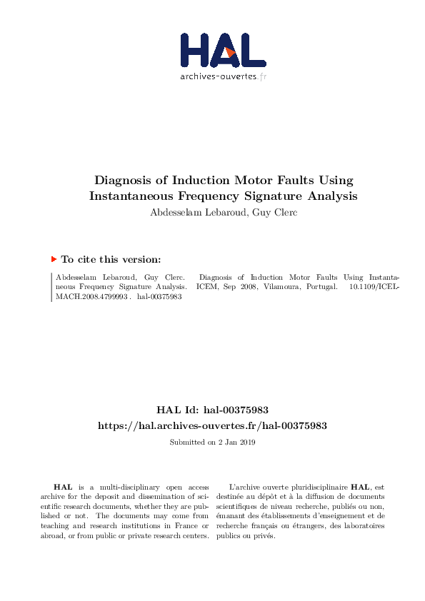Pdf Diagnosis Of Induction Motor Faults Using Instantaneous Frequency Signature Analysis