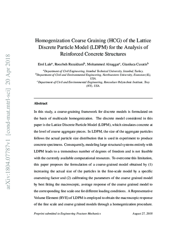 (PDF) Homogenization coarse graining (HCG) of the lattice discrete particle model (LDPM) for the ...