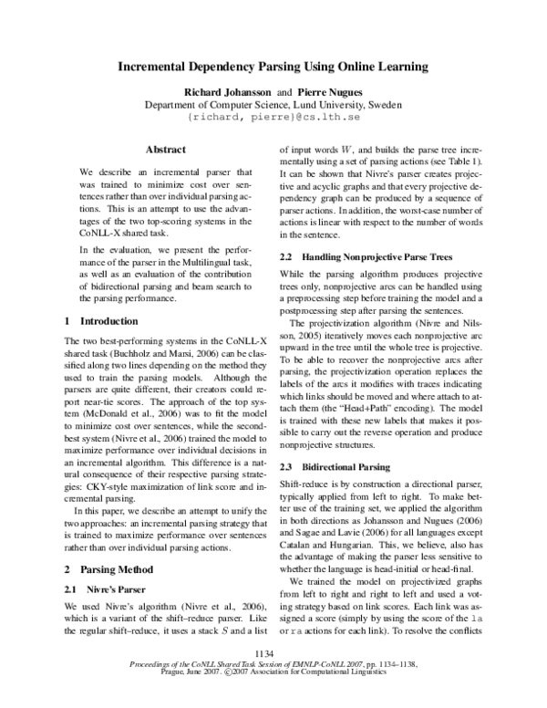 Pdf Incremental Dependency Parsing Using Online Learning
