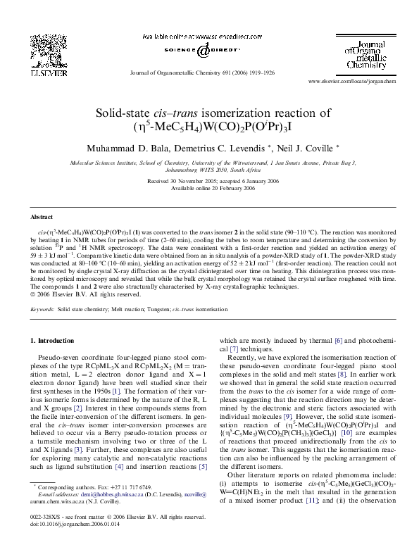Pdf Solid State Cis Trans Isomerization Reaction Of η5 Mec5h4 W Co 2p Oipr 3i
