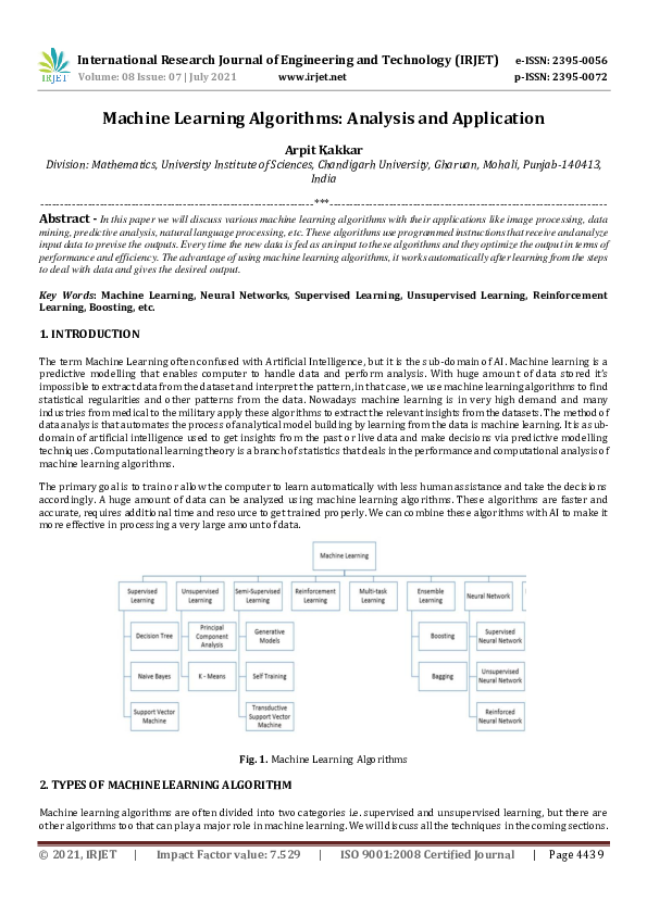 (PDF) Machine Learning Algorithms: Analysis and Application