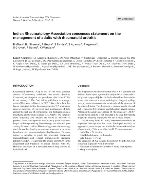 (PDF) Indian Rheumatology Association consensus statement on the ...