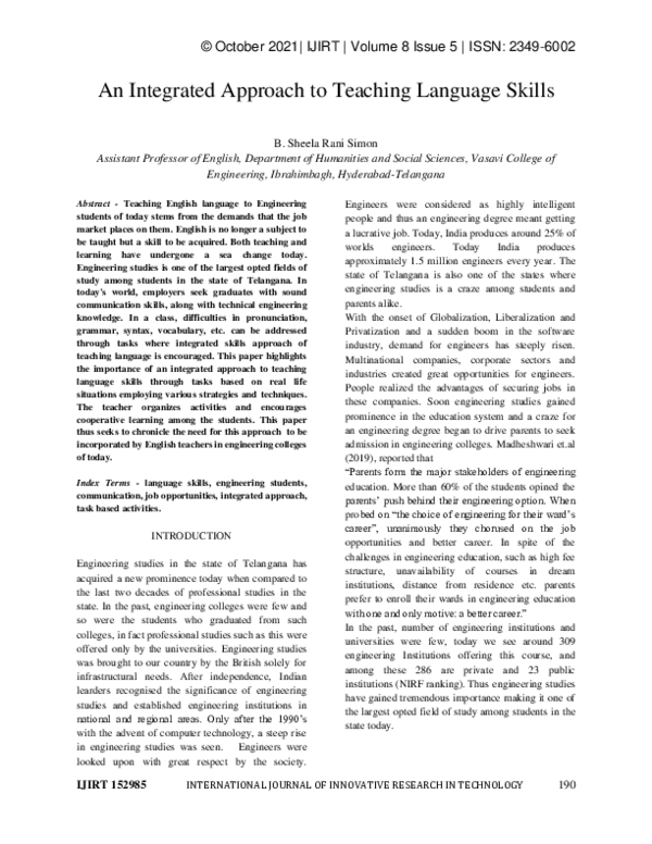 (PDF) An Integrated Approach to Teaching Language Skills