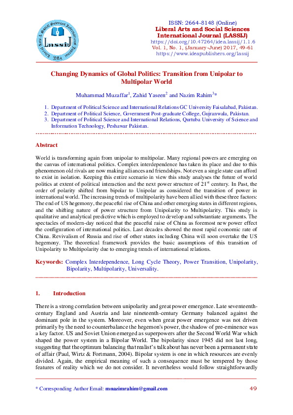 (PDF) Changing Dynamics of Global Politics: Transition from Unipolar to ...