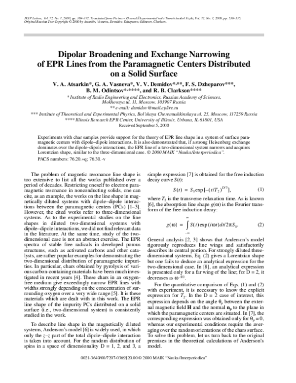 (PDF) EPR Line Shape in Surface Paramagnetic Centers