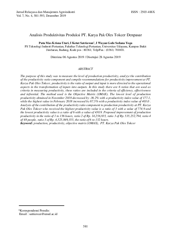 (PDF) Analisis Produktivitas Produksi PT. Karya Pak Oles Tokcer Denpasar